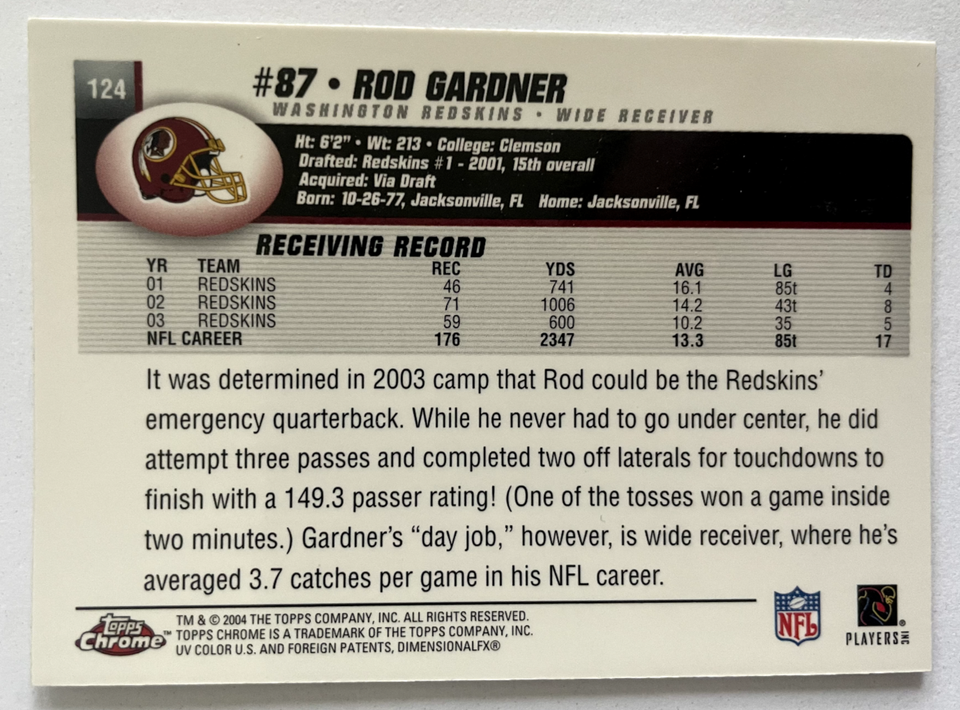 2004 Topps Chrome Football #124 Rod Gardner - Washington Redskins | eBay