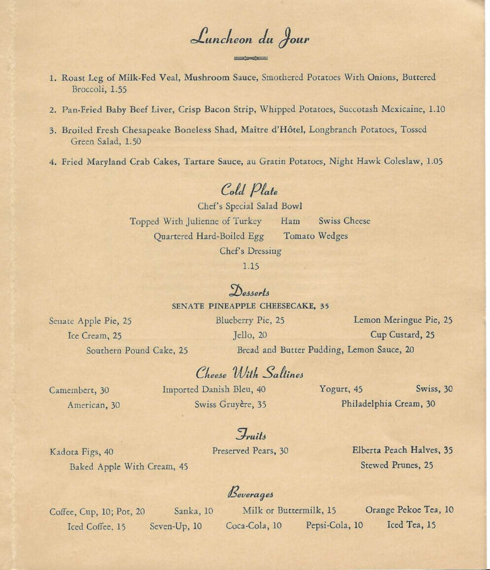 VTG 1958 UNITED STATES SENATE RESTAURANT MENU! CORNED BEEF SANDWICH 75 ...