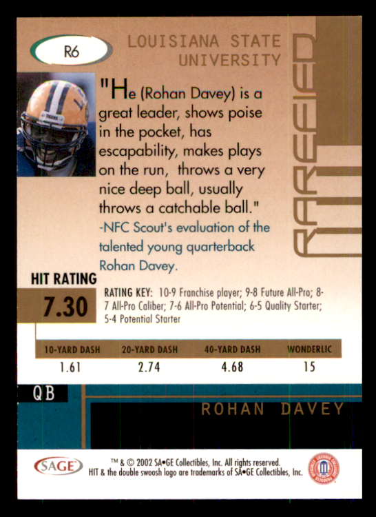 2002 SAGE HIT Rohan Davey Rarefied Emerald #R6 LSU Tigers | eBay