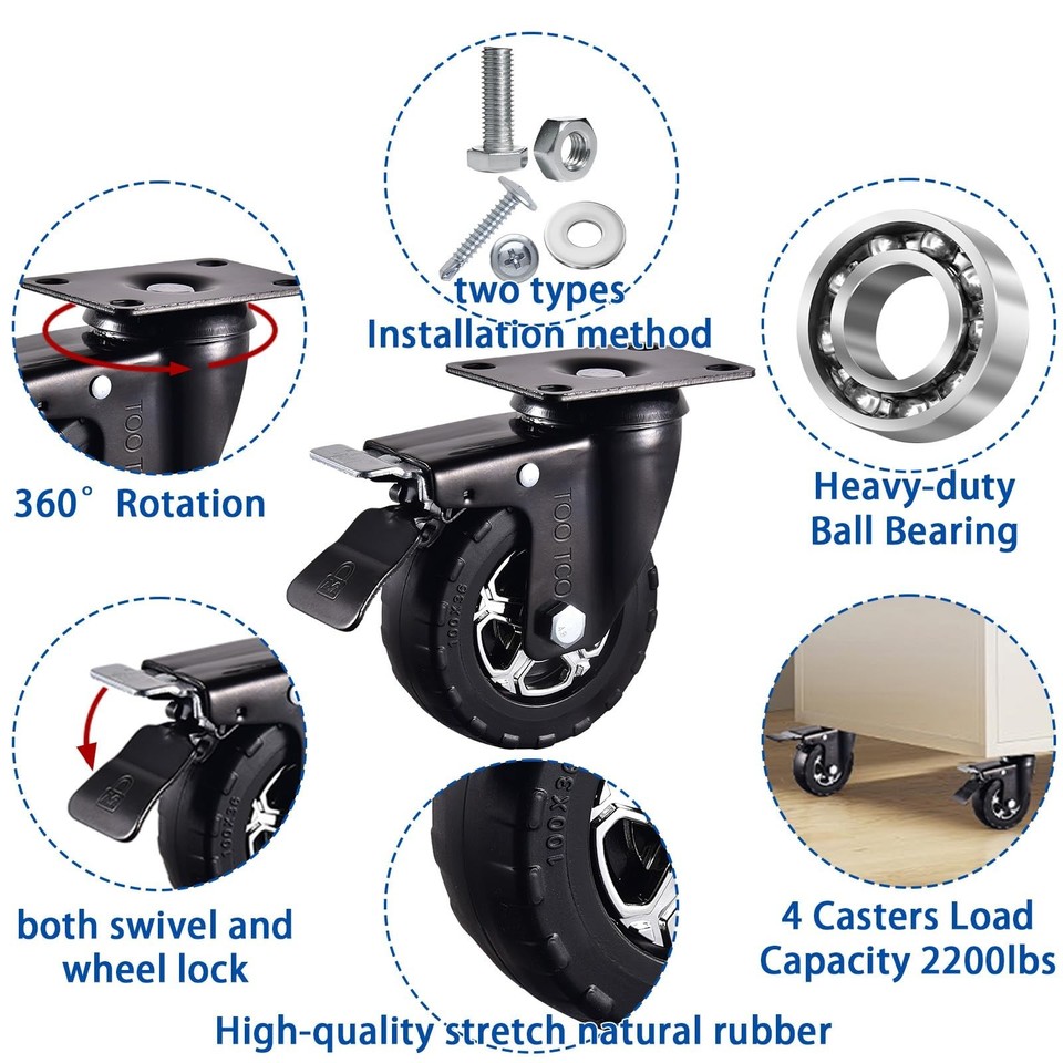4 Inch Caster Wheels Set of 4 Heavy Duty Natural Elastic Rubber Wheels ...