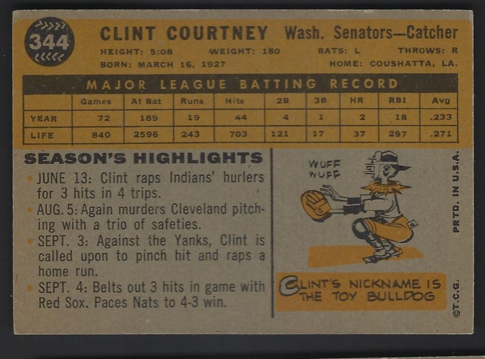 1960 Topps Clint Courtney ,./ Washington Senators #344 | eBay