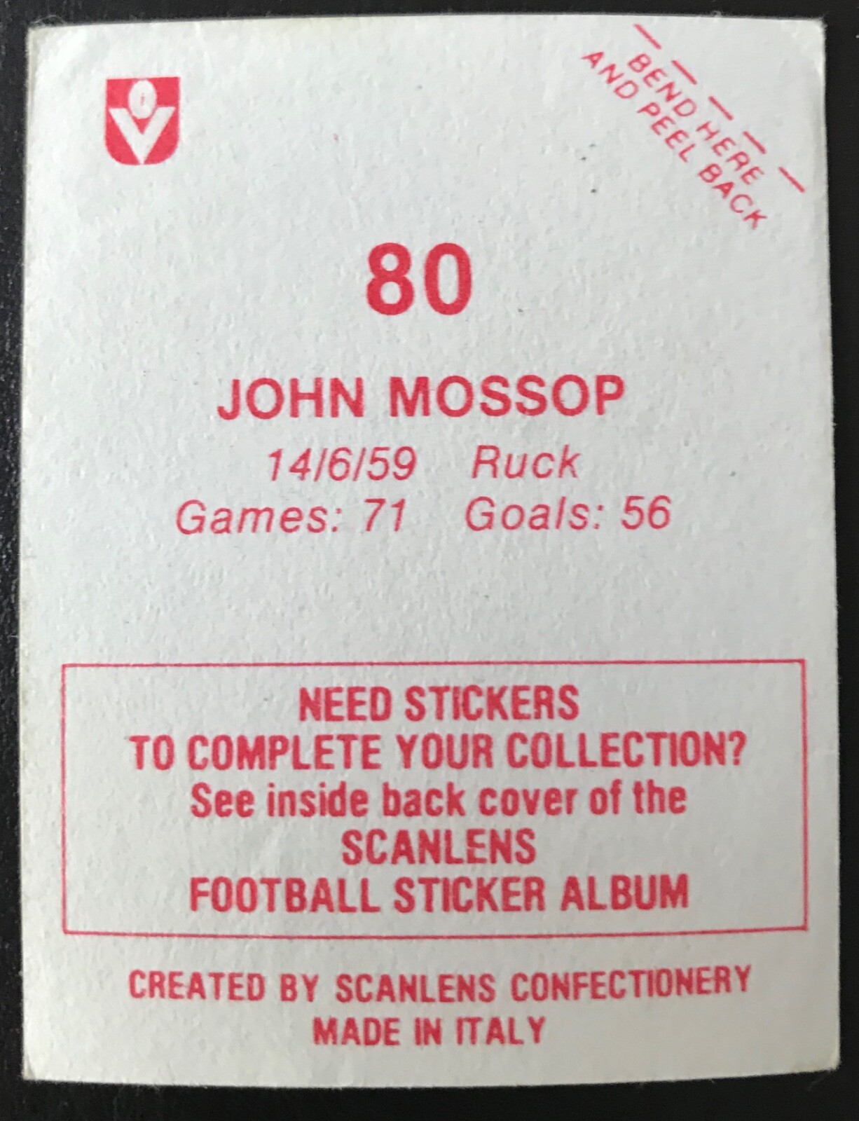 1983 Scanlens VFL Sticker John Mossop Geelong No. 80/172 Excellent ...