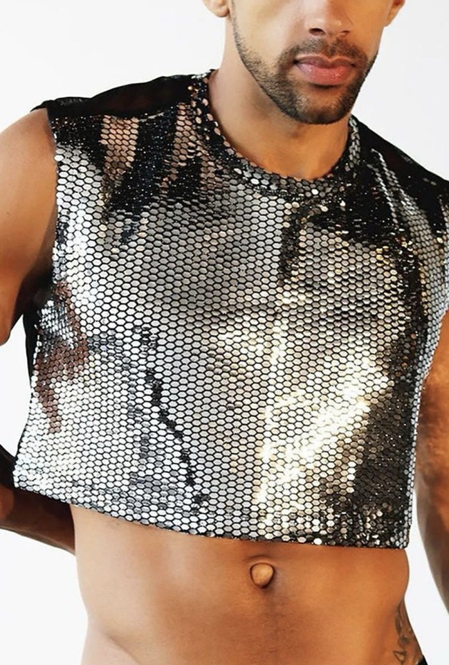 Ciciful Men's Metallic Silver Back Mesh Patchwork Crop Top - Large ...