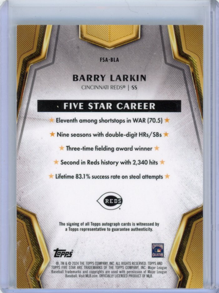 Barry Larkin 2024 Topps Five Star Auto Cincinnati Reds Base Autograph ...