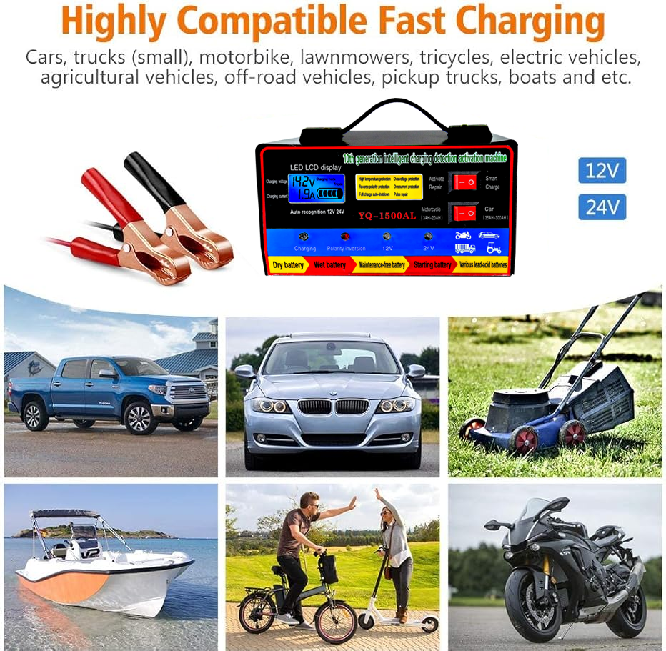 AUTOMATIC Car Battery Charger 1500AL Heavy Duty 12V/24V Vehicle HGV ...