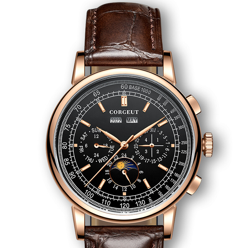 42mm corgeut white dial date day 24 hours Leather strap Automatic Mens ...