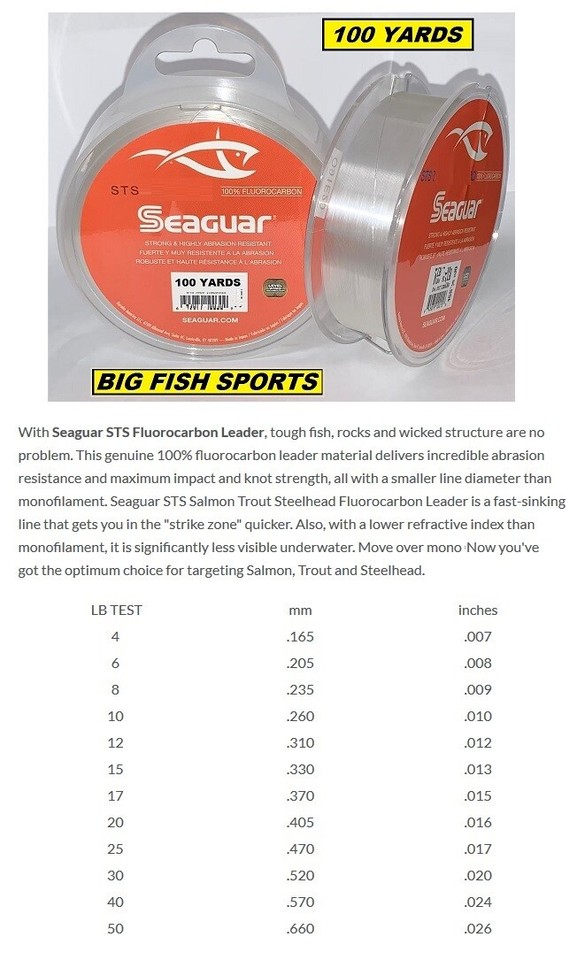 SEAGUAR STS SALMON & TROUT/STEELHEAD FLUOROCARBON LEADER 8lb/100yd NEW ...