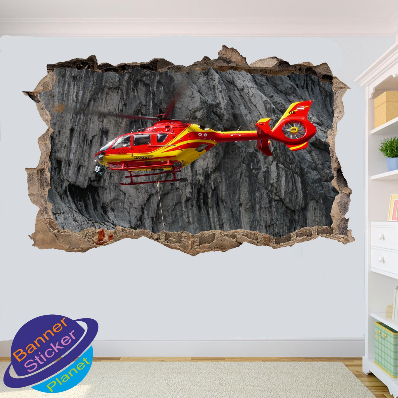 RESCUE HELICOPTER IN ACTION 3D SMASHED WALL STICKER ROOM DECOR DECAL ...
