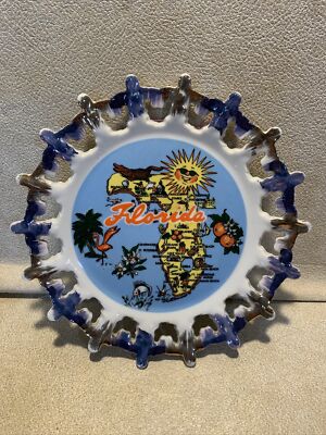 State of Florida Decorative Souvenir Travel Plate Map Blue Gold Trim 7 ...