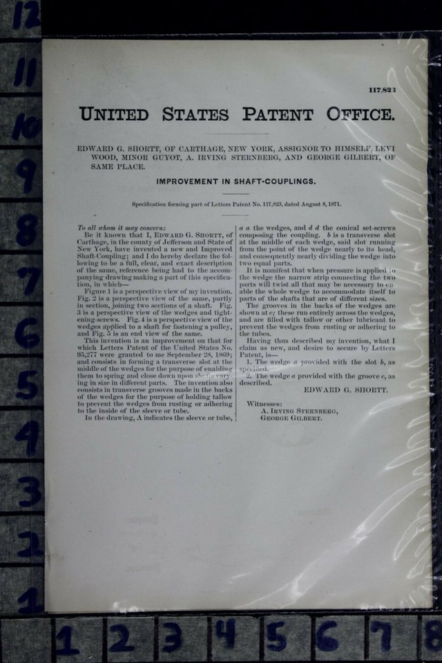 1871 SHORTT WOOD GUYOT STERNBERG GILBERT CARTHAGE NY SHAFT PATENT LITHO ...