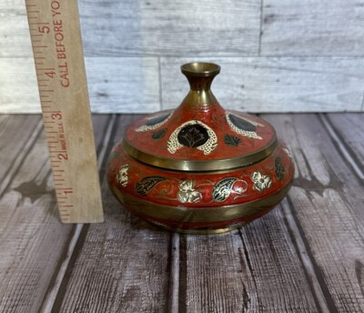 Solid Brass Powder Pot with Red Enamel Paint - Made in India | eBay