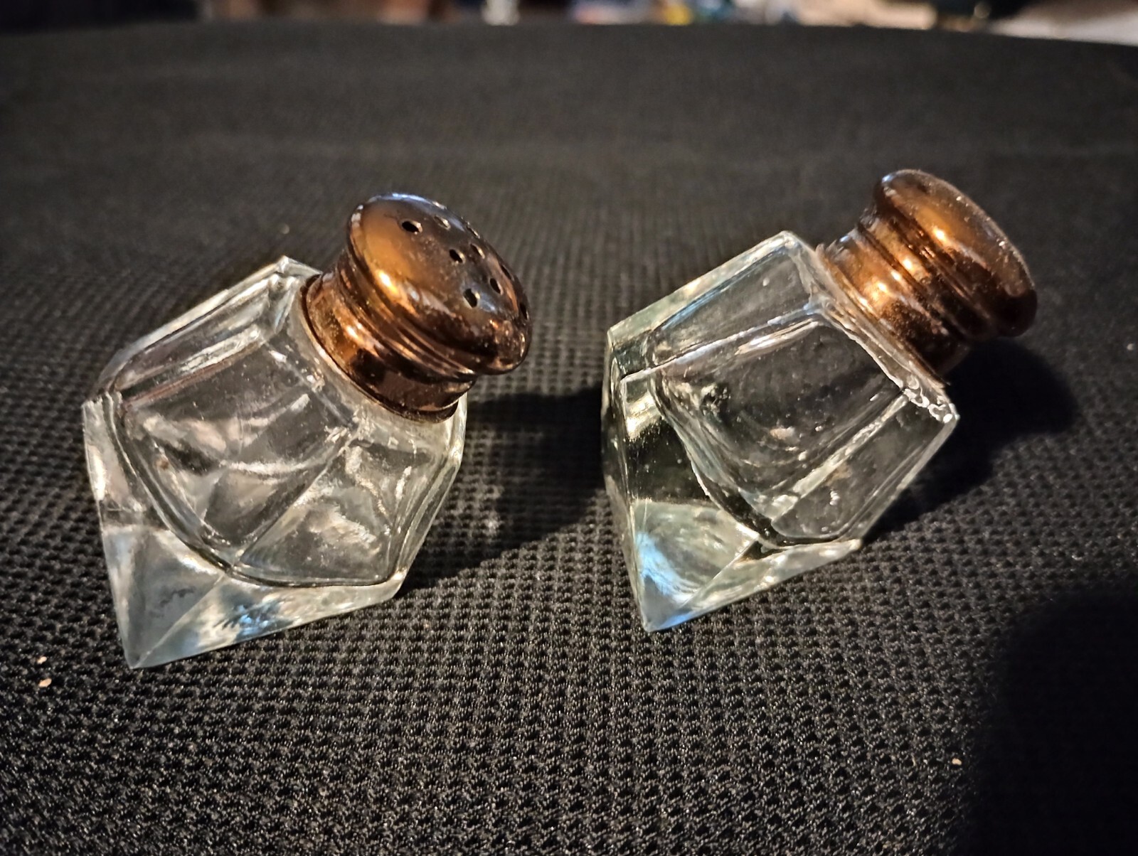 Vintage Clear Glass Salt & Pepper Shakers Octagon Unbranded Brasstone ...
