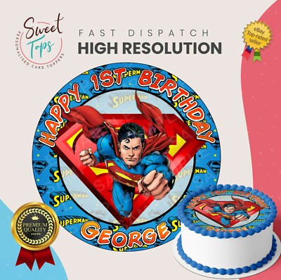 Superman Personalised Round Edible Birthday Cake Topper Cake Decoration ...