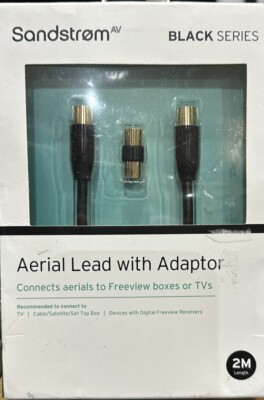 SANDSTROM AERIAL LEAD WITH ADAPTOR 2M BLACK SERIES Freeview Digital TV ...
