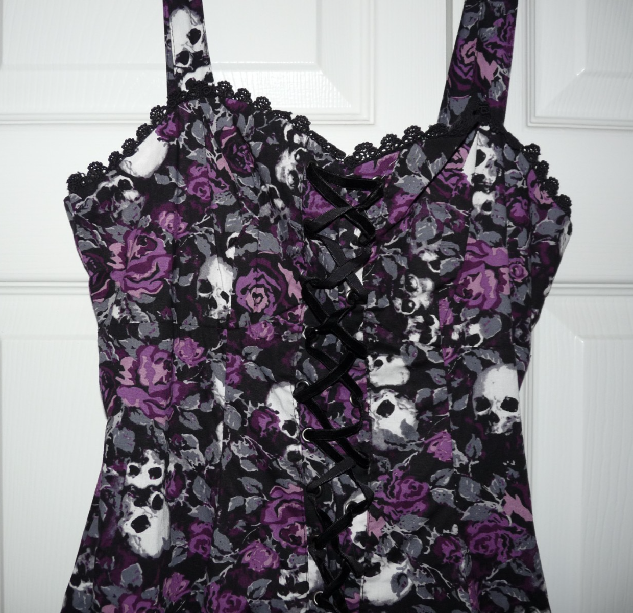 Hot Topic Corset Black & Purple Floral Skull Double Layer Dress Goth sz ...