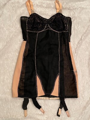 RARE Vtg CORSELETTE Garters Open Bottom Girdle Corset Peach Black Mesh ...