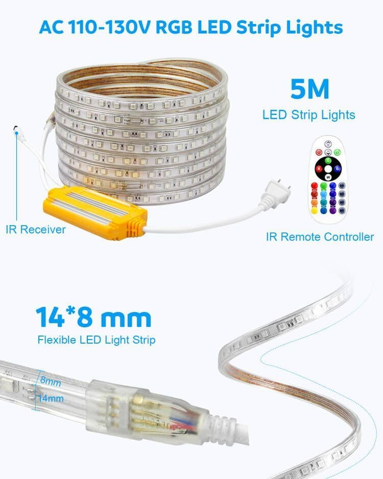 RGB LED Strip Lights Outdoor Waterproof AC 110V-130V LED Rope Lights ...