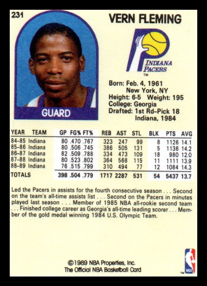 1989-90 Hoops #231 Vern Fleming NBA Basketball Indiana Pacers | eBay