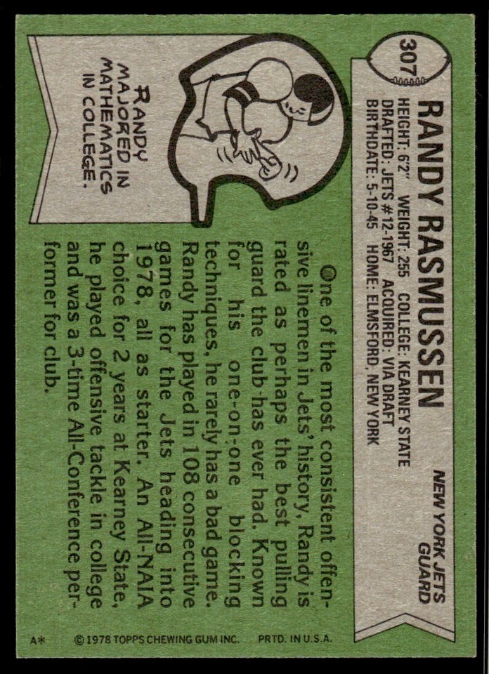 1978 TOPPS RANDY RASMUSSEN NEW YORK JETS #307 | eBay