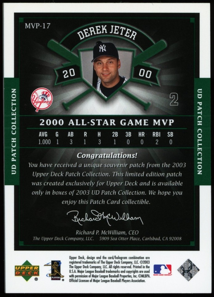 Derek Jeter 2003 UD Patch Collection MVP's Manufactured Patch #MVP-17 ...