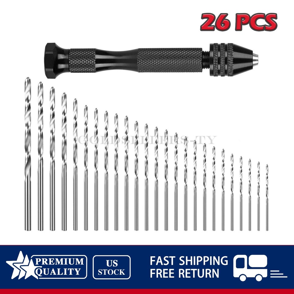 26PCS Mini Micro Drill Hand Bits Set Small Manual Keyless Chuck Pin ...