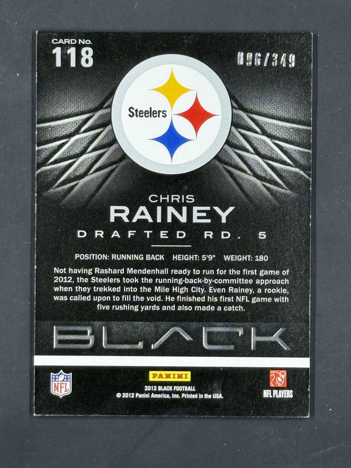 2012 Panini Black #118 SN,RC #/349 Chris Rainey Pittsburgh Steelers | eBay