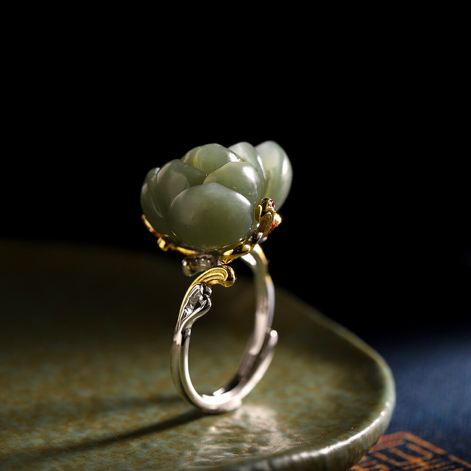 I03 Noble Ring Bloom From Green Jade Silver 925 Adjustable Size | eBay