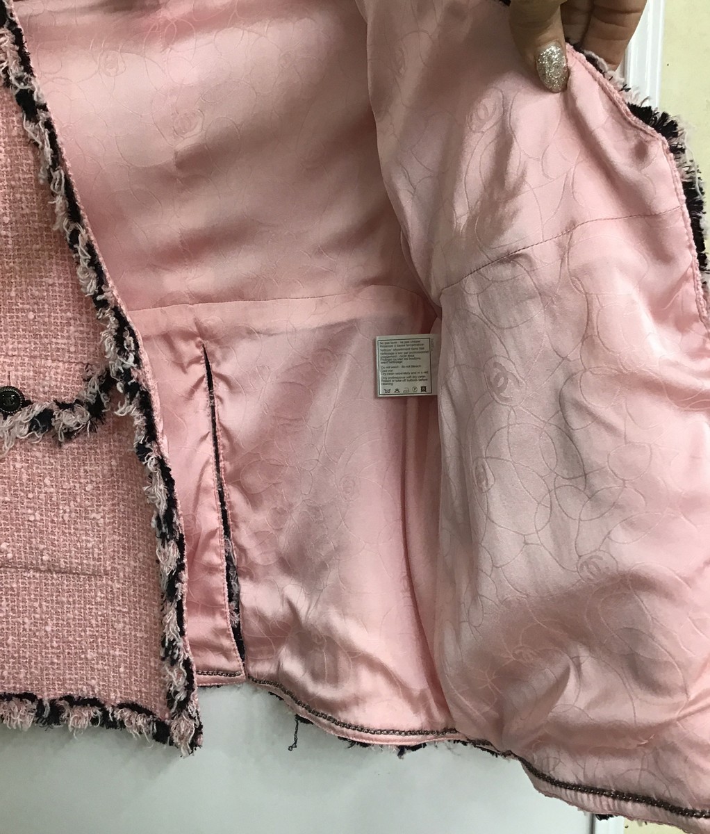 Chanel Jacket Pink Boucle Black Fray Trim 3/4 Sleeve Vintage Chanel Jacket Pink Boucle Black Fray Trim 3/4 Sleeve Vintage