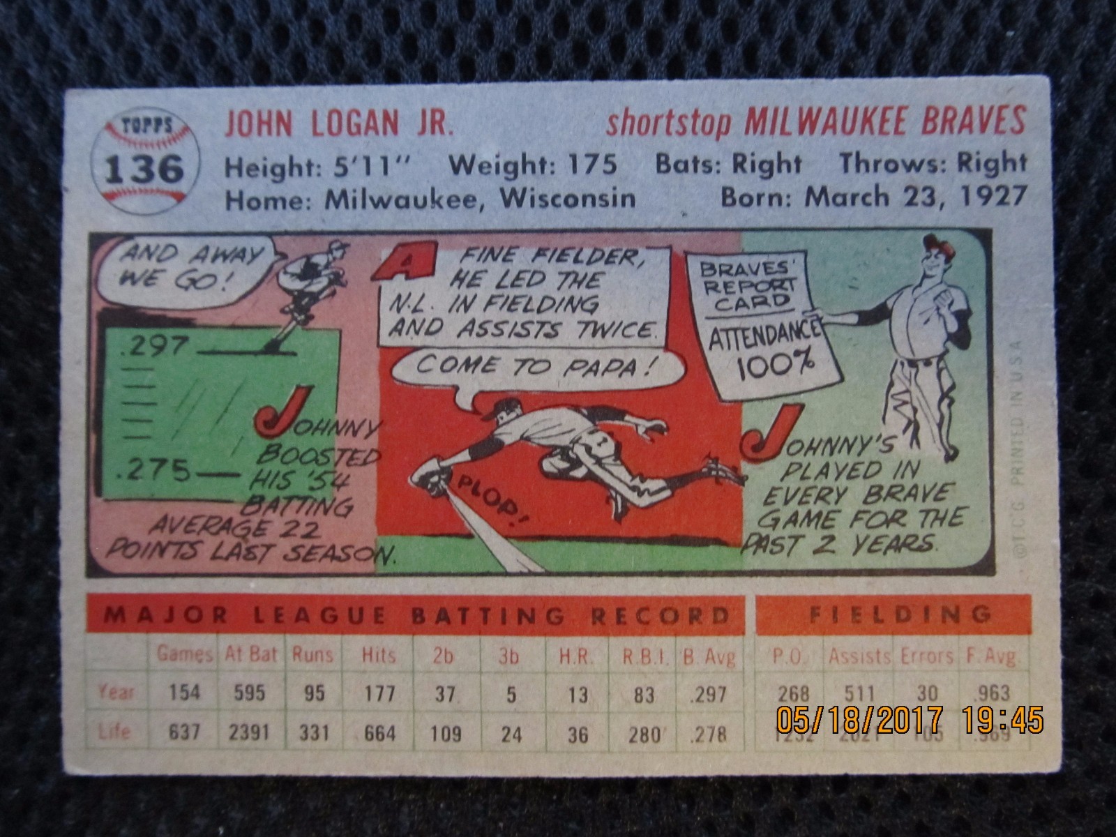 1956 TOPPS #136 JOHNNY LOGAN MILWAUKEE BRAVES SHORTSTOP BASEBALL CARD ...