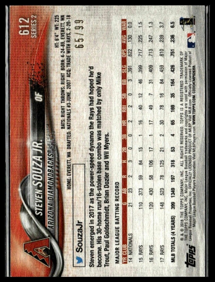 2018 Topps 612 Steven Souza Jr. Arizona Diamondbacks Vintage Stock 65/ ...
