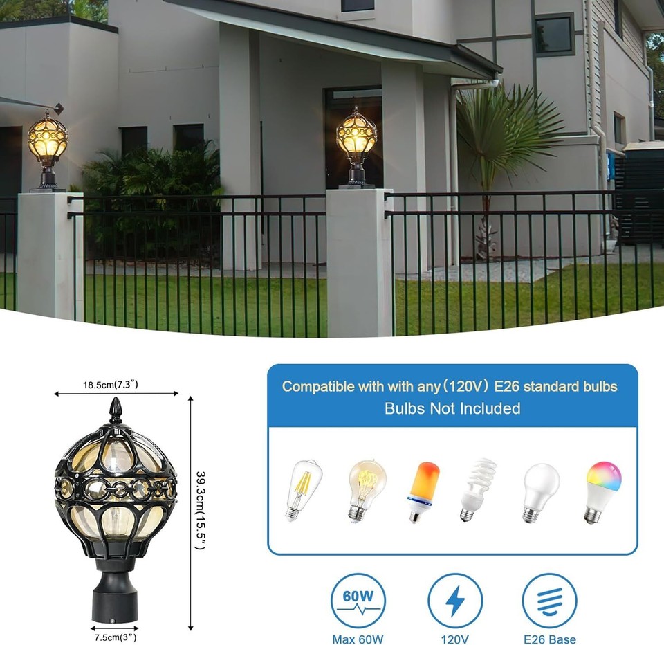 Outdoor post light, waterproof fixture, aluminum,black globe post light ...