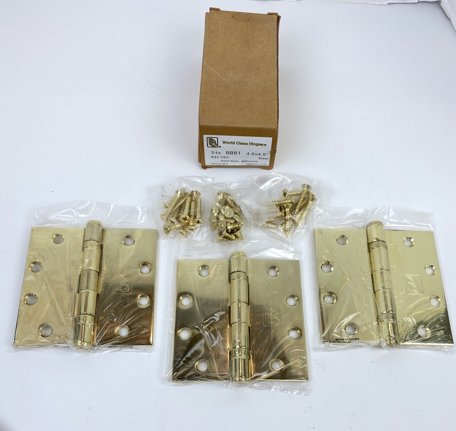 NEW Polished Brass Hinge BB81 4.5" x 4.5" 632 US3 BOX OF 3 World Class ...
