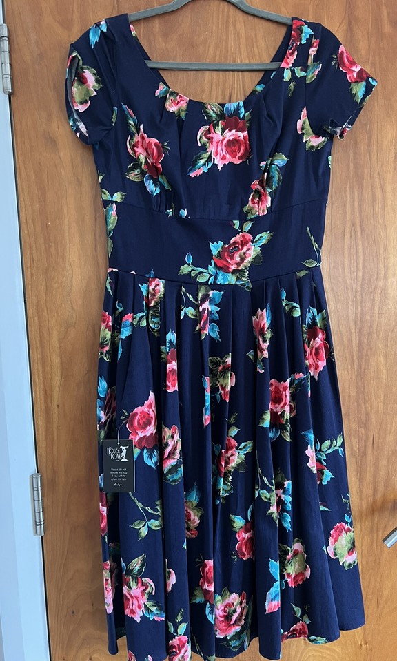 HOUSE OF FOXY DRESS,AUDREY STYLE FLORAL PEPLUM DRESS,COTTON NAVY SKATER ...