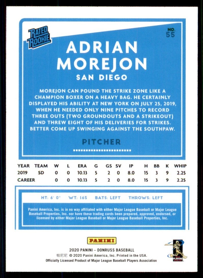 2020 Donruss Rated Rookie Adrian Morejon San Diego Padres #55 MLB ...