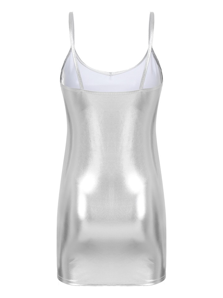 Womens Shiny Metallic Mini Dress Glossy Sexy Spaghetti Straps Dress ...