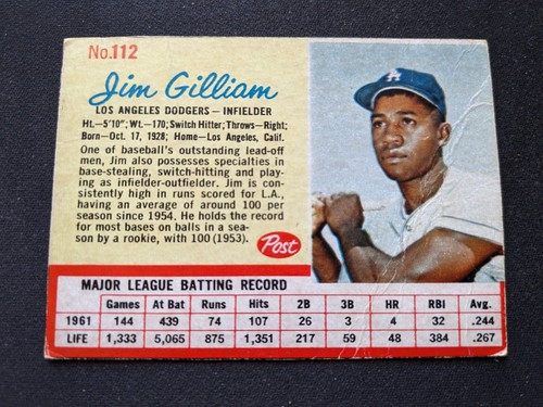 1962 Post Cereal Baseball Card # 112 Jim Gilliam - Los Angeles Dodgers ...