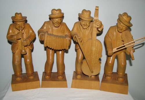 4 VINTAGE HAND CARVED statues MUSICAL QUARTET music man Germany rustic ...