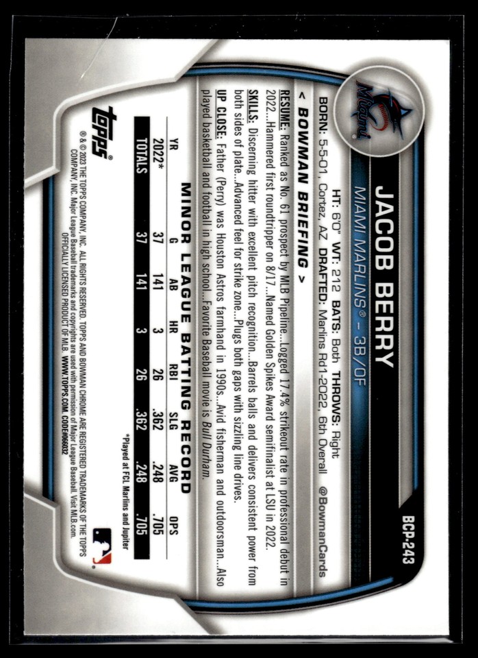 Jacob Berry 2023 Bowman Chrome Mega Box Mojo Refractor A Card #BCP-243 ...