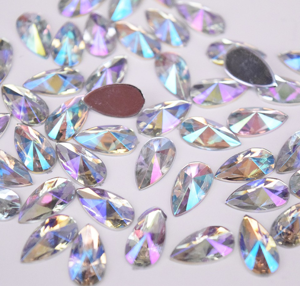 100 pcs Acrylic Rhinestone Teardrop Color AB Flat Back Jewels Faceted ...