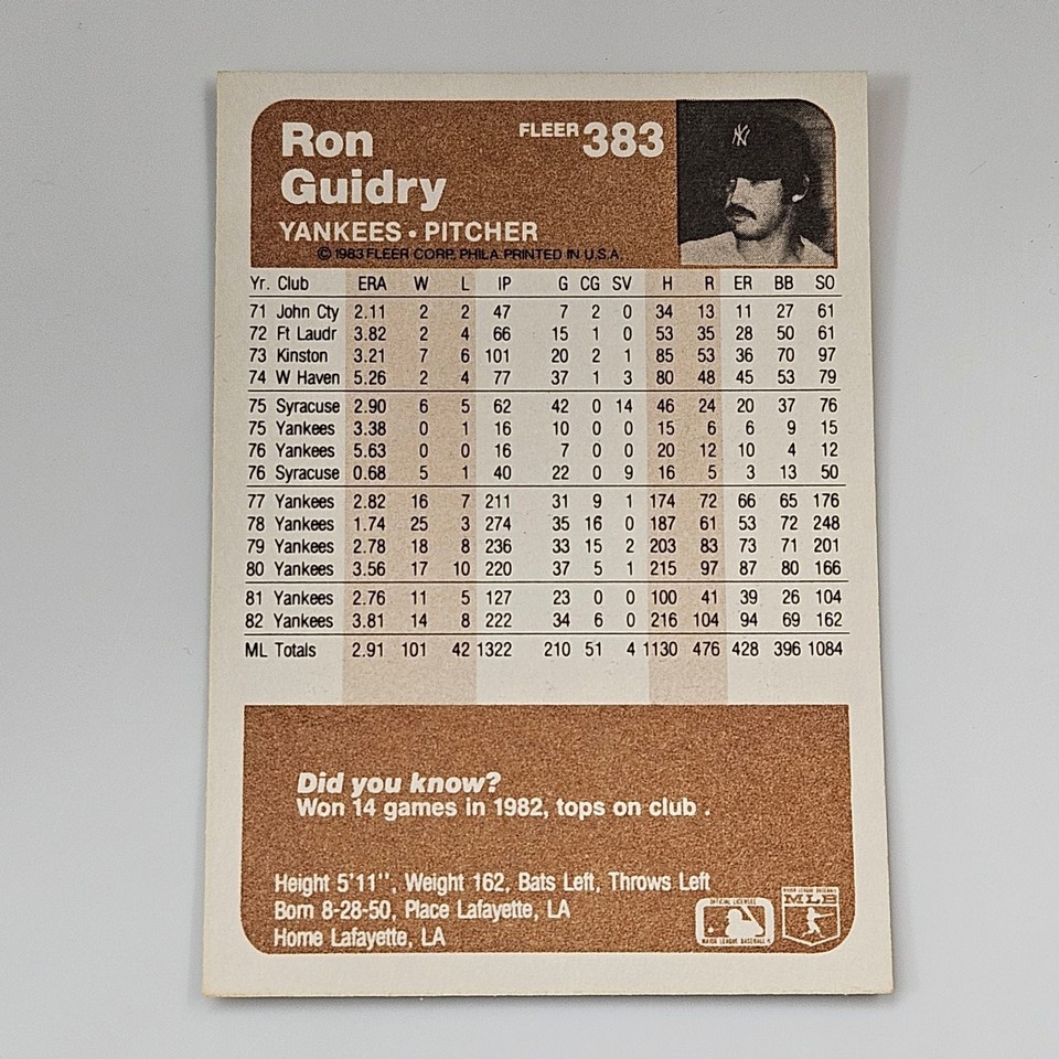 Ron Guidry Yankees 1983 Fleer #383 MLB Baseball Card | eBay
