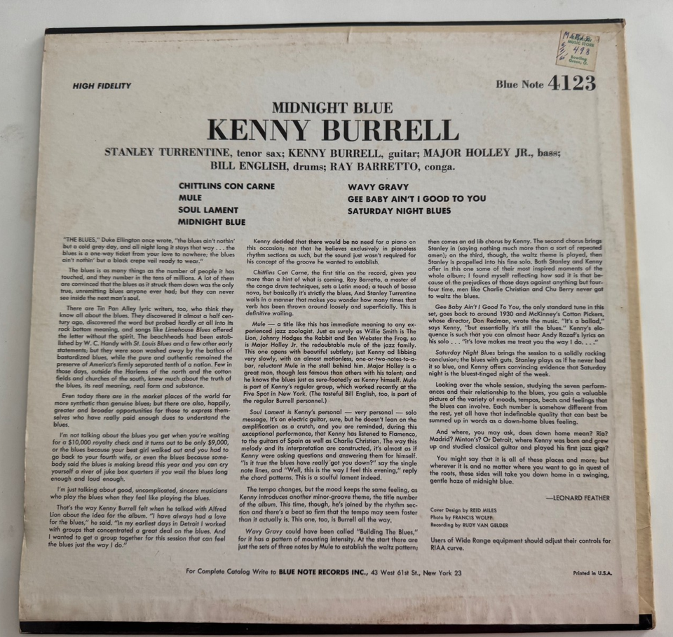 Kenny Burrell Blue Note 4123 LP Midnight Blue Turrentine NY,USA Ear DG ...