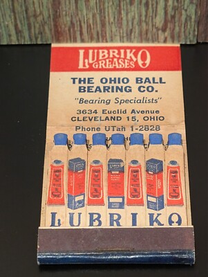 VINTAGE FEATURE MATCHBOOK LUBRIKO GREASES BALL BEARING CO. UNSTRUCK ...