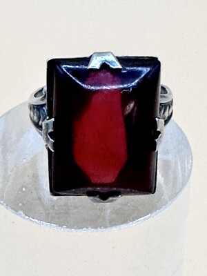 Antique Glass Sugarloaf Stone & Sterling Silver Signed Ring Size 4.75 ...