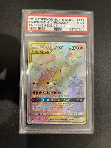PSA 9 Mint Full Art Hyper Rare Reshiram & Charizard GX - Unbroken Bonds ...