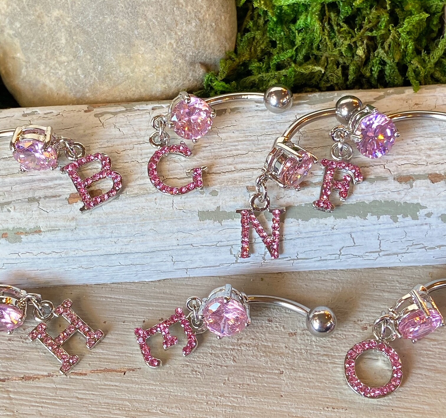 1pc Initial Paved Pink Gem Belly Ring Pierced Navel Letter Naval ...