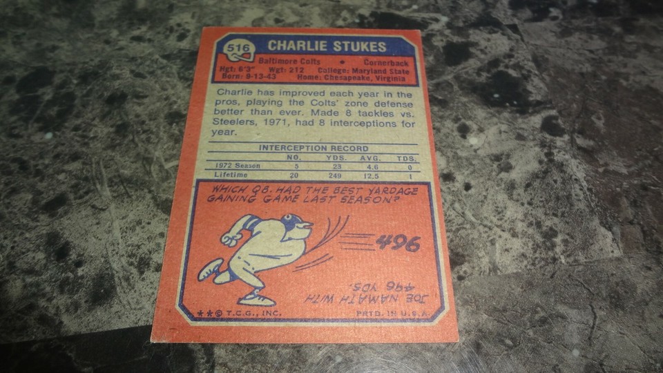1973 TOPPS # 516 CHARLIE STUKES FOOTBALL CARD | eBay