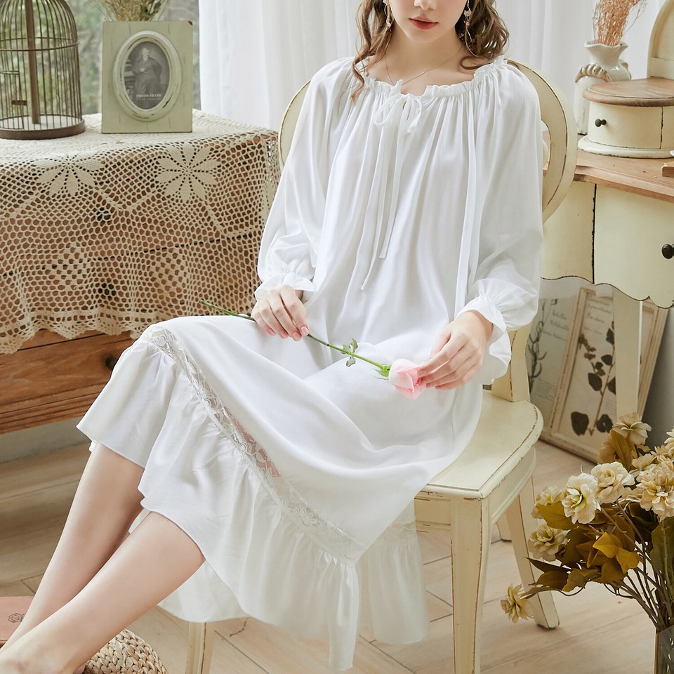 Women's Long Sleeve Victorian Nightgown Ruffle Square Neck Vintage ...