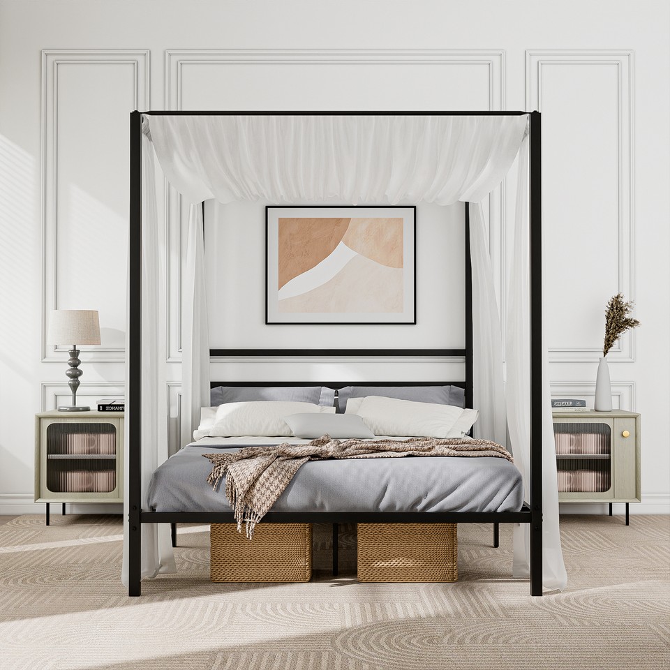 Metal Canopy Bed Frame Mattress Foundation w/Headboard Slat Support ...