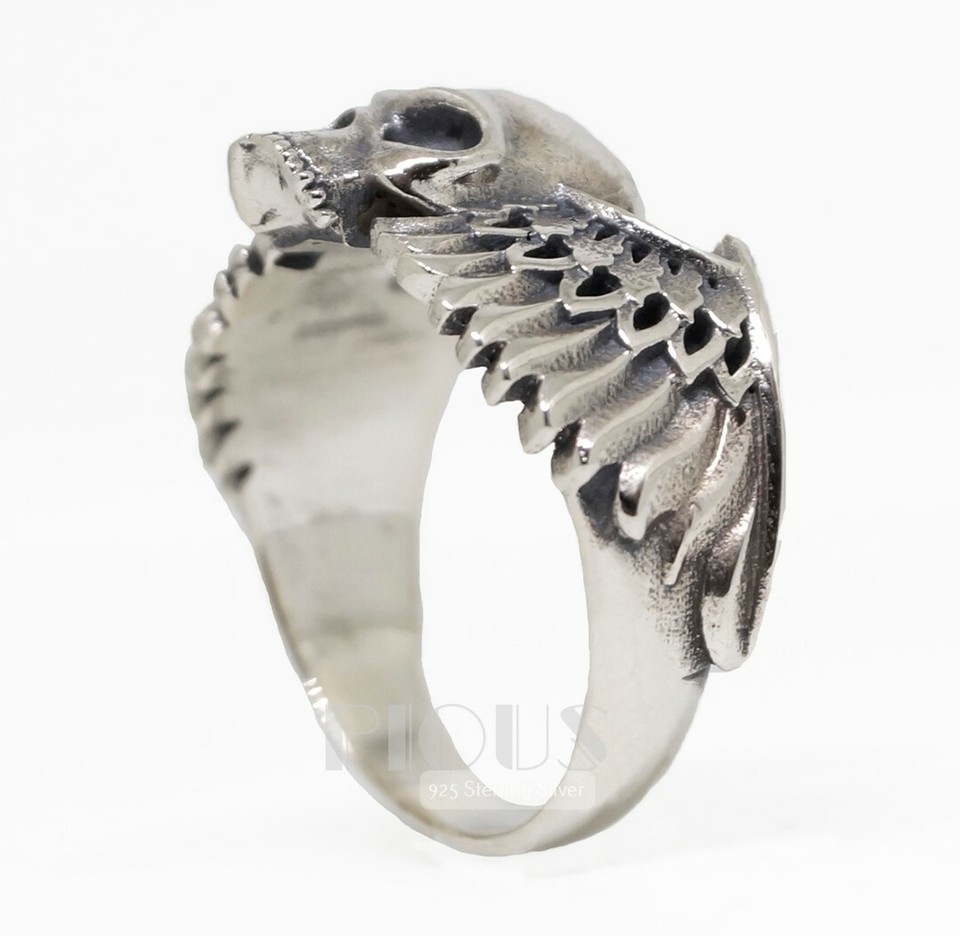 Gothic Punk Half Jaw Skull Wings 925 Silver Biker rider Unisex bird ...