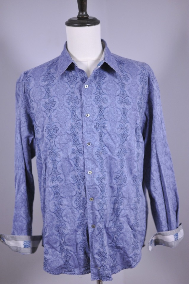 Robert Graham Long-Sleeve Button Front Shirt Blue Embroidered Men's XL ...